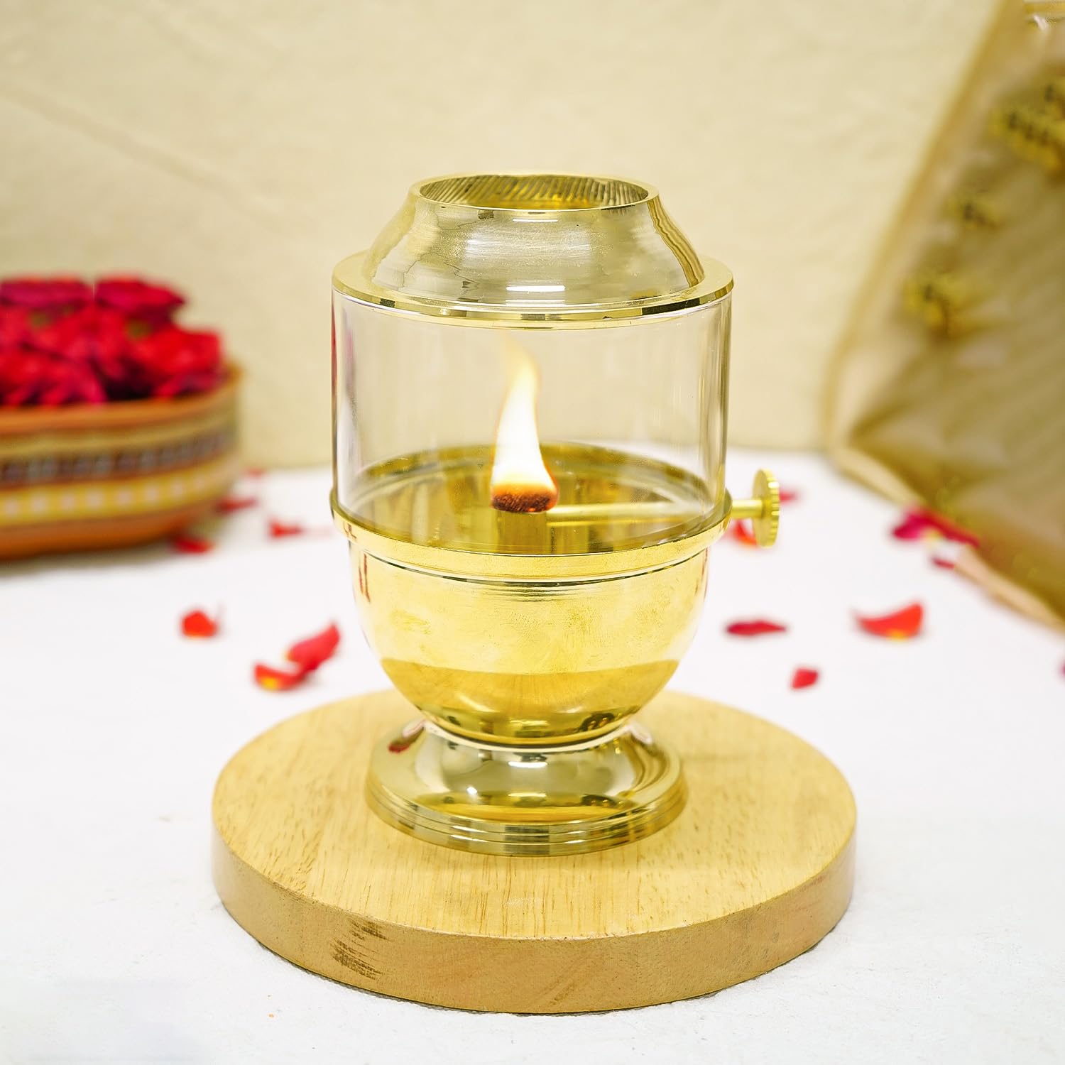 Buy Akhand Jyot Diya: Brass with Glass Cover | Adjustable Bati – The Better Home