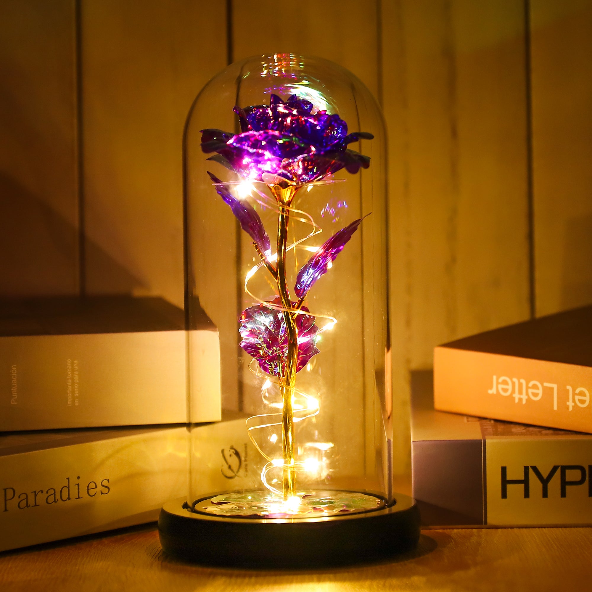 Gleevers Purple Rose & LED Light in A Borosilicate Glass Dome | Annive ...