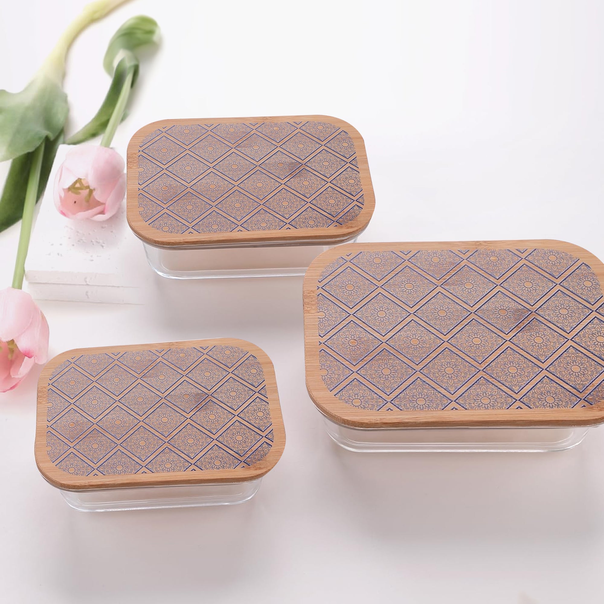 UMAI Pack of 3 Borosilicate Glass Kitchen Containers with Bamboo Lid ...