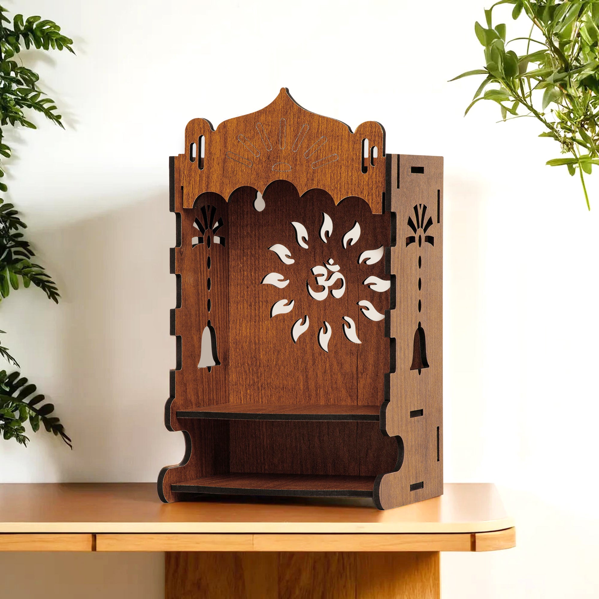 Wooden Temple for Home - Wall Mounted with LED Spotlight | Pooja Stand ...