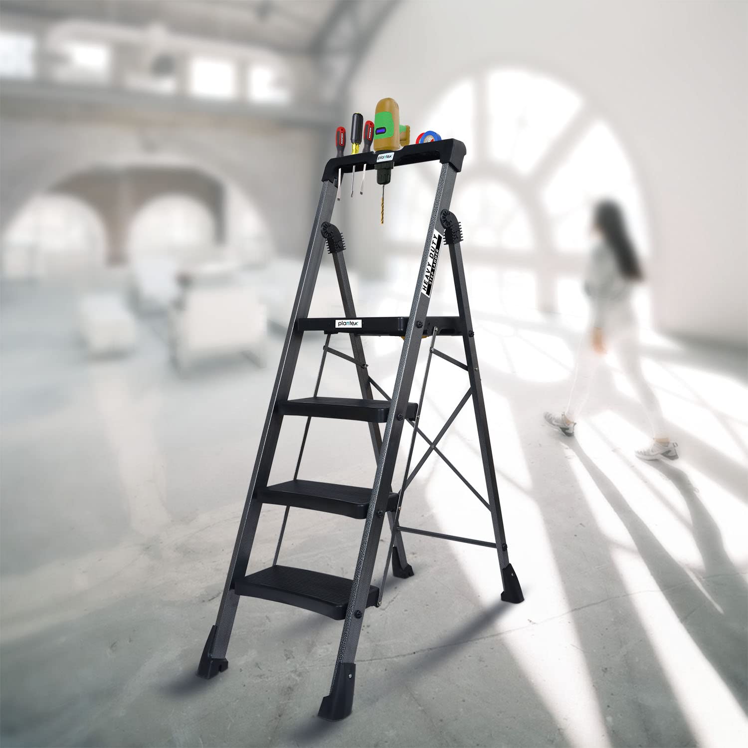 Plantex Heavy-Duty Mild-Steel Hulk Folding 4 Step Ladder for Home with ...