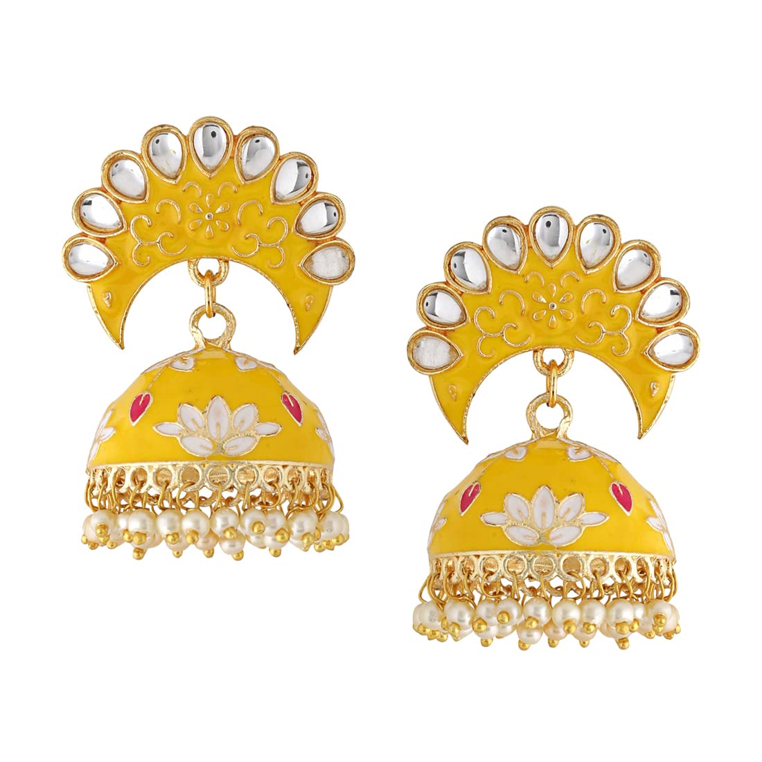 Buy Meenakari Jhumka Earrings: Bright Yellow Pearl & Stone Studs – The ...