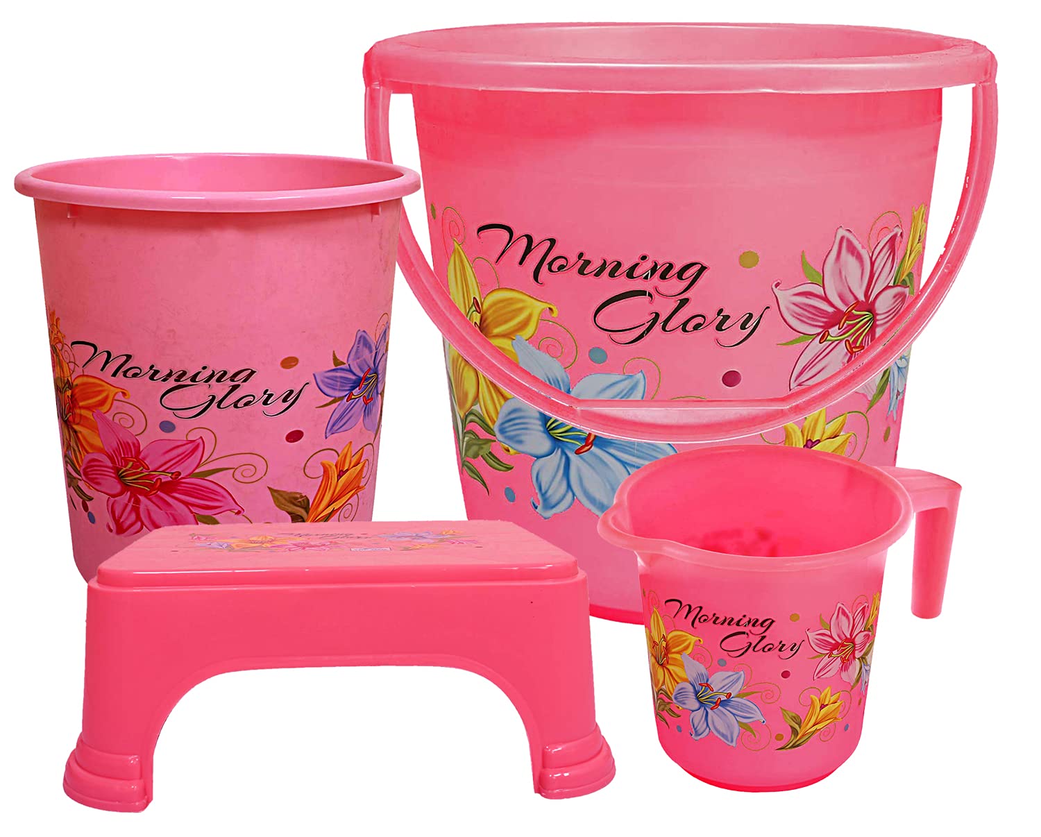 Printed 4 Pieces Plastic Bucket, Dustbin, Mug & Stool Set (Pink) – The ...