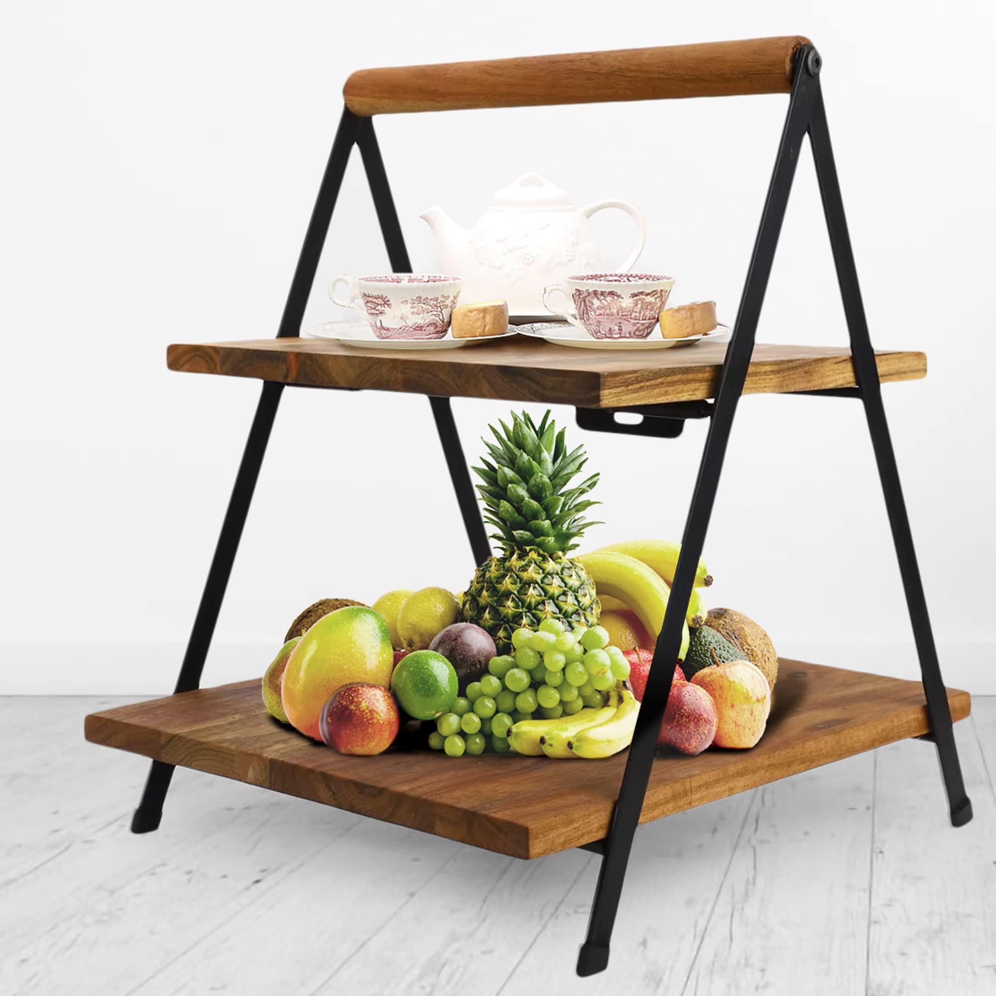Anko Iron, Acacia Wood & Mango Wood 2-Tiered Serving Stand with Metal ...