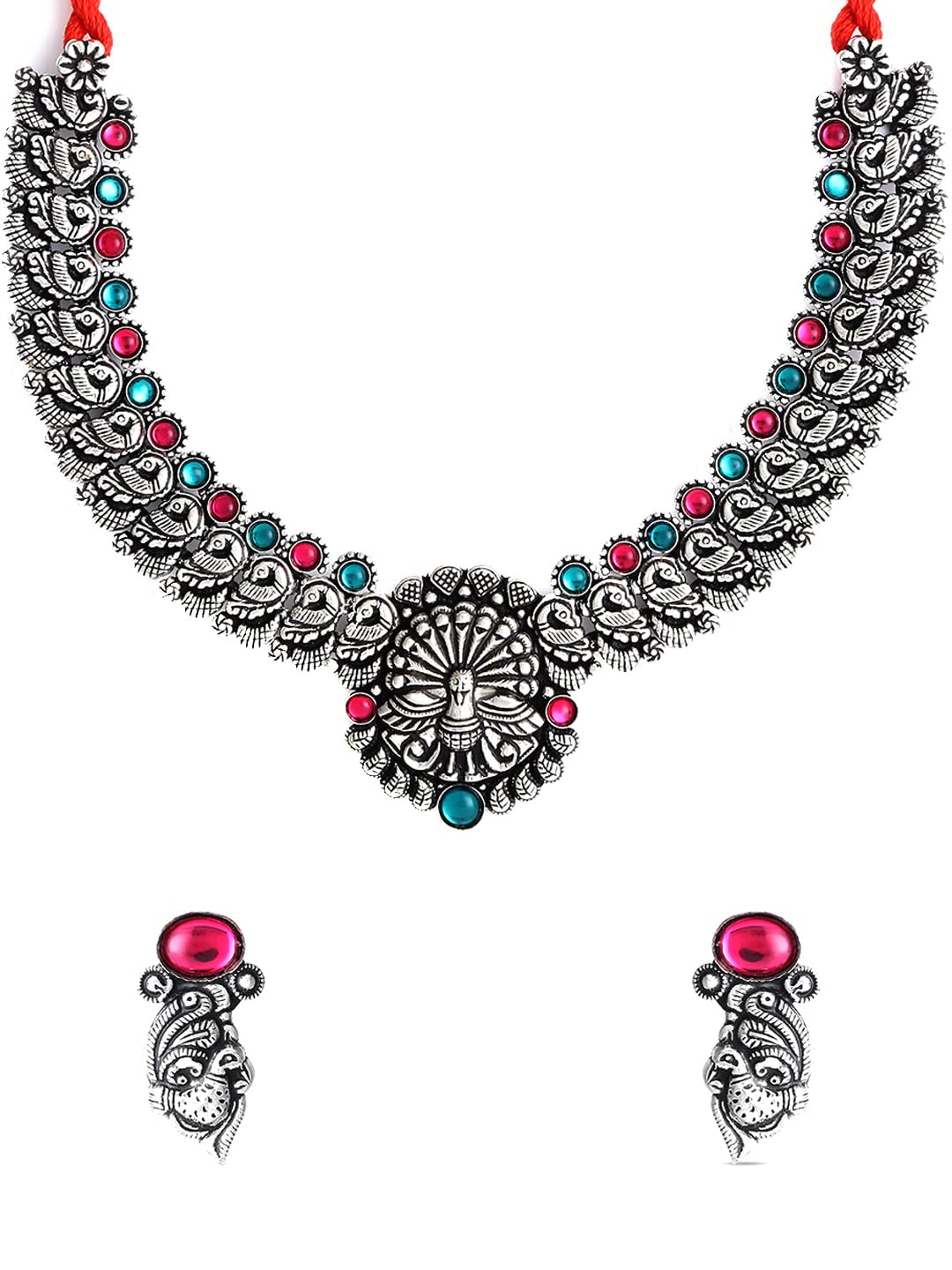 Buy Kolhapuri Oxidised Jewellery Set: Silver Necklace & Earrings – The ...